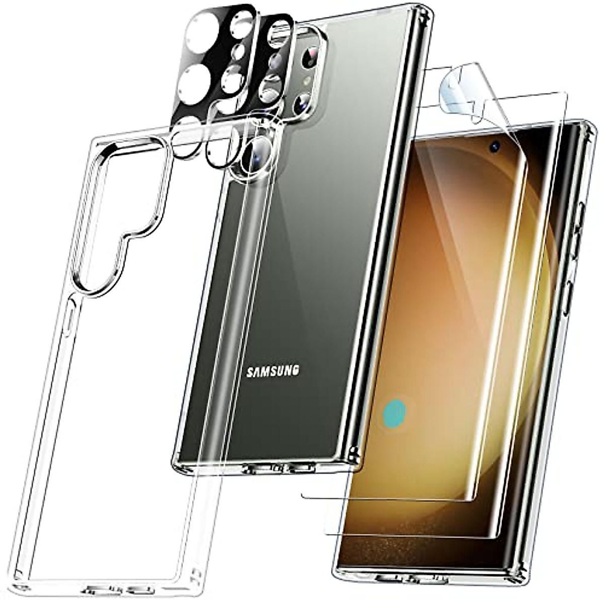SPIDERCASE for Samsung Galaxy S23 Ultra Case, with 2 Pcs Camera Lens Protector & 2 Pcs Soft Screen Protector, [Anti-Yellowing] [Military Grade Shockproof] Slim Thin Galaxy S23 Ultra Case-Clear