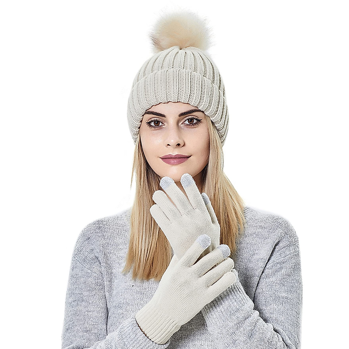 Muryobao 2 Pcs Womens Winter Knitted Beanie Hat Touch Screen Gloves Set Warm Knit Cuffed Skull Cap with Faux Fur Pom Beige