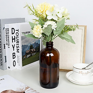 PINIWON 12 Pack 16 oz Amber Glass Bottles, Boston Round Sample Bottles with Black Poly Cone Caps, Labels and Funnels