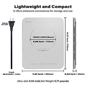 GIONIEN Portable Induction Cooktop 1200W,Single Hot Plate Countertop Burner 110~120V,Sensor Touch Electric Cooker,10 Power,0.94”Ultra Thin,6.69” Heating Coils,Child Safety Lock,Timer,Silver Grey