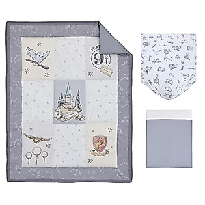 Warner Brothers Harry Potter Magical Moments Grey and White Hogwarts 3 Piece Nursery Crib Bedding Set - Comforter, Fitted Crib Sheet and Crib Skirt