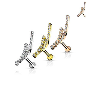 Pierced Owl 16G Stainless Steel Internally Threaded Stacked Double CZ Crystal Lined Curved Top Flat Back Cartilage Helix Ear Lobe Barbell Stud (Silver Tone, 6mm Barbell)