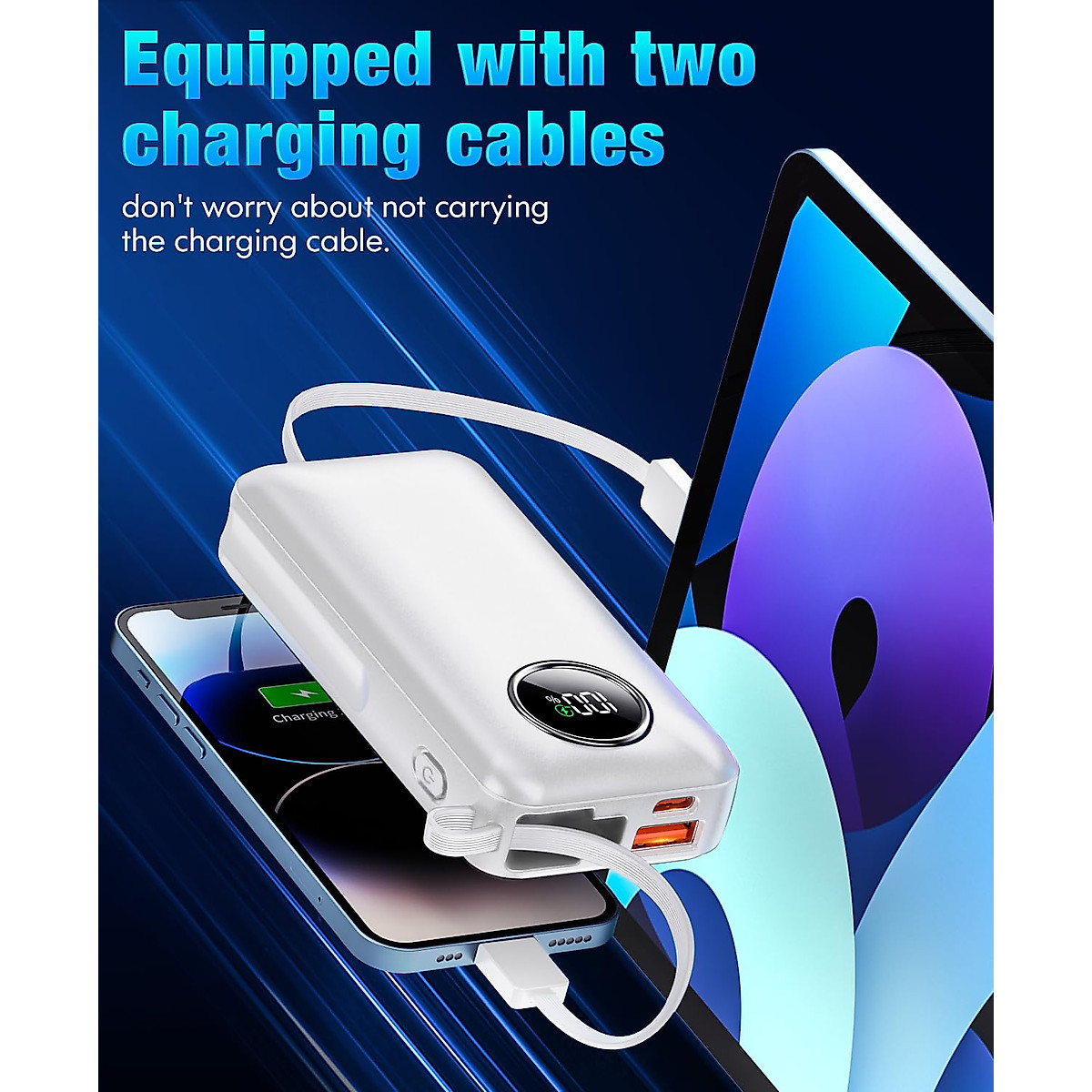 Portable-Charger-Power-Bank - 15000mAh PD 30W Power Bank, Built in Type-C(30W) and iOS(20W) Output Cables LED Display for iPhone and Android Phones and Most Electronic Devices(White)