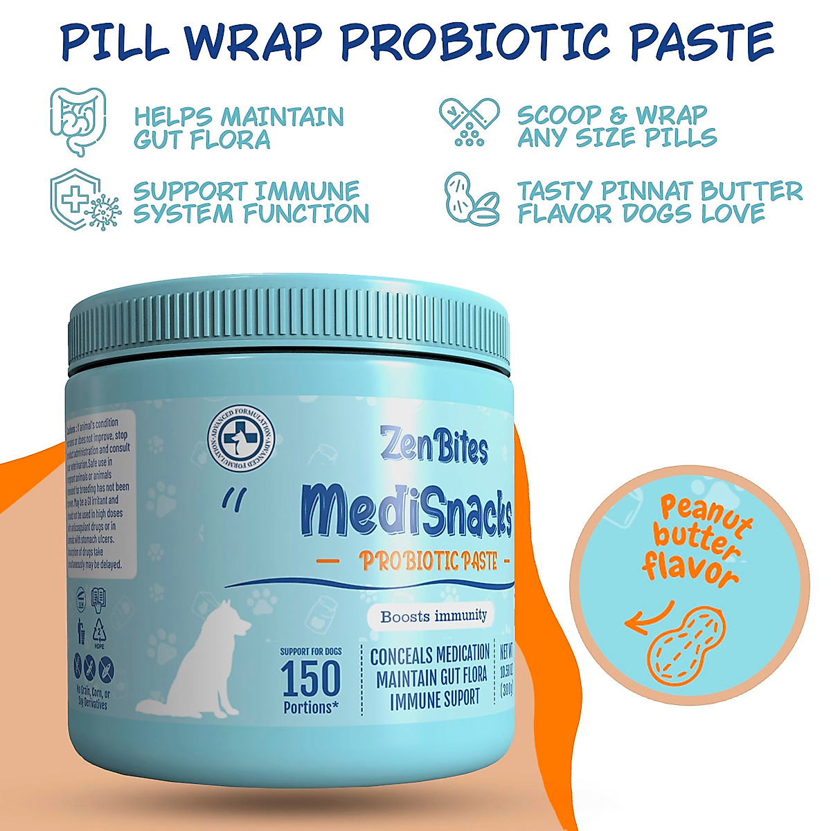 ZenBites MediSnacks Pill Pouch Paste for Dogs Capsule (150 Servings) Peanut Butter Flavoured Immune and Digestive Support to Conceal Medication for Dogs Natural Soft Dog Treats 10.6oz