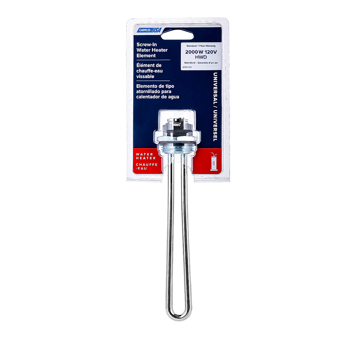 Camco 2000W/120V Screw-In Water Heater Element | Features a High Watt Density Design, a 1-11 ½-inch NPSM Steel Bushing, and is Compatible with Most Water Heaters (02203)