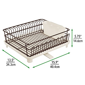 mDesign Metal Wire Kitchen Countertop, Sink Dish Drying Rack - Removable Plastic Cutlery Tray, Drainboard with Adjustable Swivel Spout - 3 Pieces - Bronze/Cream
