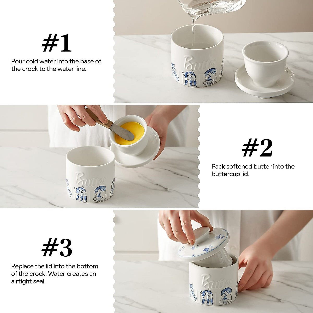 Toptier Butter Crock for Counter With Water Line, On Demand Spreadable Butter, Ceramic Butter Keeper to Leave On Counter, French Butter Dish with Lid, (Greedy Cat War)