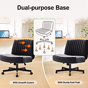 TUKAKA Criss Cross Chair with Wheels,Thick Padded Leather Cross Legged Office Desk Chair with Pocket Spring Cushion,Dual-Purpose Base,Wide Adjustable Computer Home Office Vanity Chair,Black