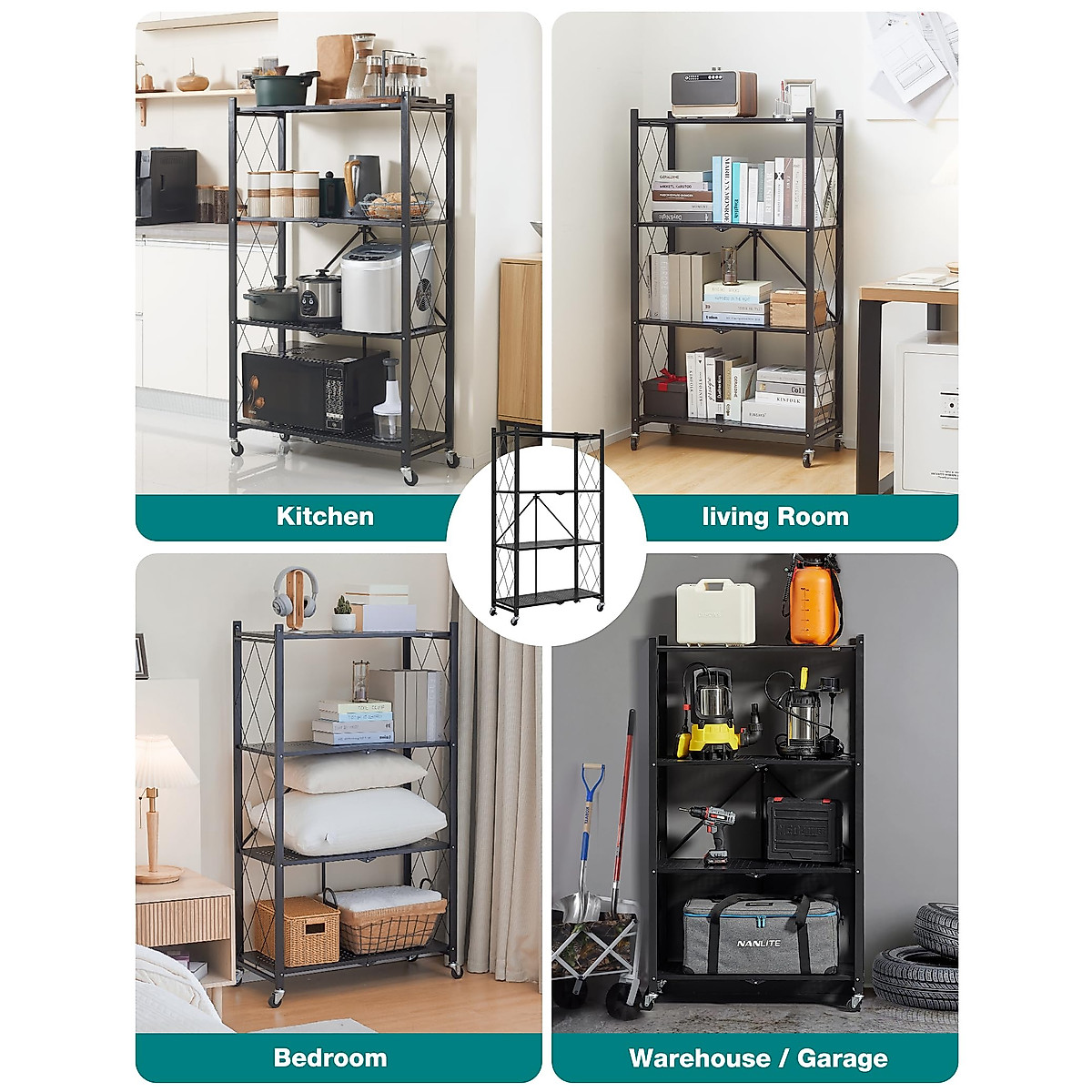 ALANNG Storage Shelves with Wheels, Bookshelf with Storage, No Assembly Metal Rack Shelf for Kitchen, Office, Laundry, Garage (4 Tier, Black)