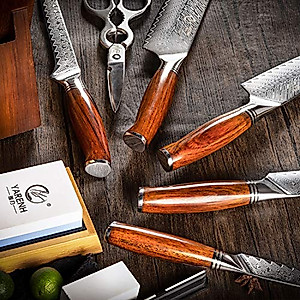 YARENH Kitchen Knife Set with Block, 8 Piece, Sharp Professional Chef Knife Set, 73 Layers Japanese Damascus High Carbon Stainless Steel, Full Tang Sandalwood Handle, Gift Box