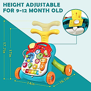 3 in 1 Sit to Stand Walker, Baby Push Walker with Musical Play Table, Speed & Height Adjustable Learning Walker for Baby for 12 Month and Up