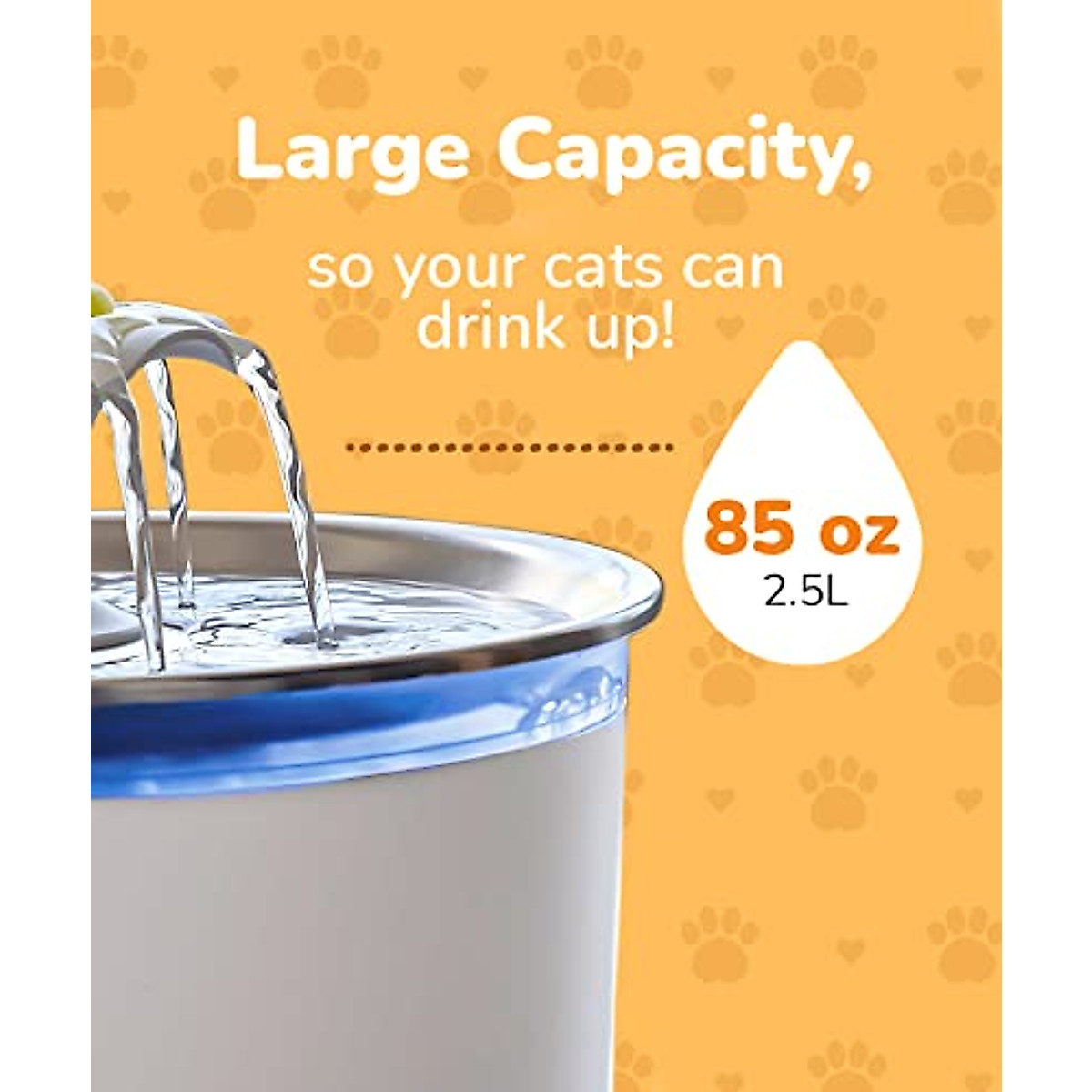 Loomla Cat Water Fountain, 85oz/2.5L Pet Water Fountain Indoor, Automatic Dog Water Dispenser with Switchable LED Lights, 2 Replacement Filters for Cats, Dogs, Pets（Stainless Steel）