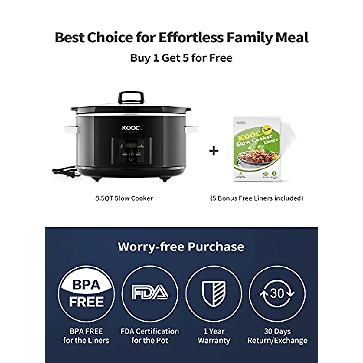 KOOC 8.5-Quart Programmable Slow Cooker, Larger than 8 Quart, More Practical than 10 Quart, with Digital Countdown Timer, Free Liners Included for Easy Clean-up, Upgraded Ceramic pot, Adjustable Temp, Nutrient Loss Reduction, Black, Oval…