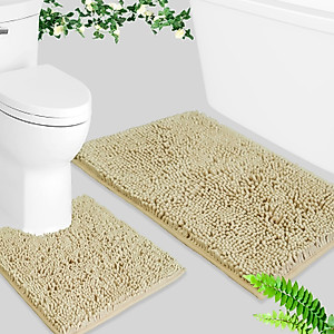 Bathroom Rugs Chenille 3 Piece Extra Soft and Absorbent Shag Bathroom Rugs, Machine Wash Mat, Strong PVC Non-Slip Underside, Plush Carpet Mats (Dark Grey)