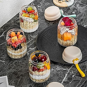 4 Pack Overnight Oats Containers with Lids and 1 Folding Spoons, 13 oz Glass Mason Overnight Oats Jars, Airtight Jars for Overnight Oats Meal Prep Chia Yogurt Salad Fruit with Carrying Cord