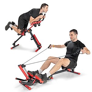 Goplus 4 in 1 Folding Rowing Machine, AB Crunch Workout Machine w/3-Level Angle & Adjustable Tension, Control Panel, Multi-function Rower AB Fitness Equipment for Home & Gym Use