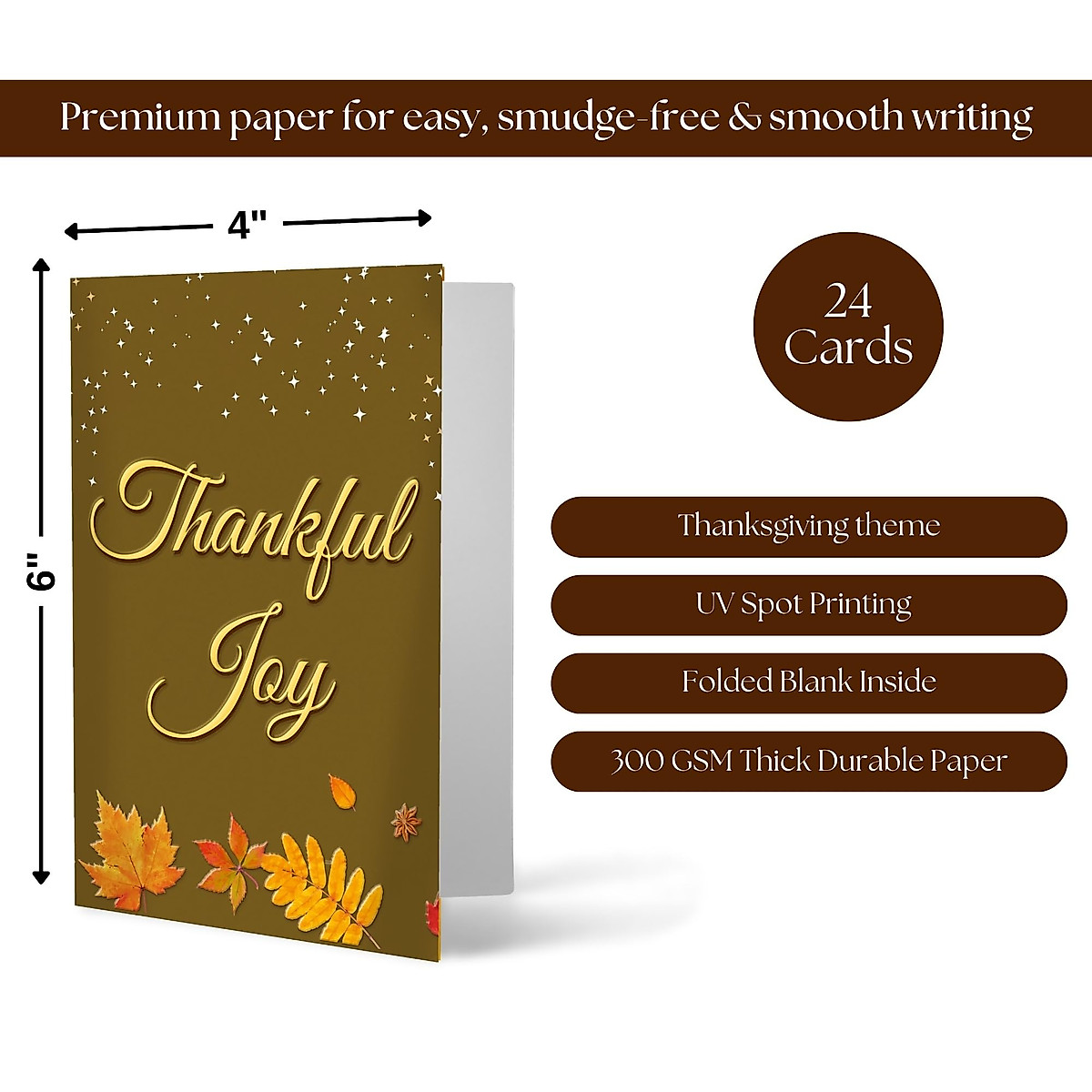 Mie Creations Thanksgiving Cards with Envelopes, 24 Bulk Assorted Fall Harvest Season Greeting Cards UV Spot, 4 Designs, Boxed Set Giving Thanks Gratitude notecards for Family, Friends- 4x6 inches