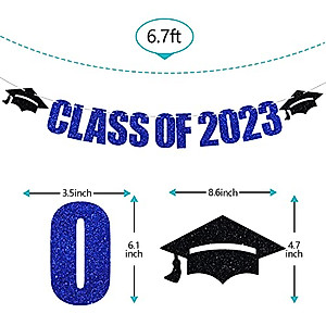 Class of 2023 Banner, 2023 Graduation Theme Party Decorations Supplies, Congrats Grad High School / College Graduate Bunting Sign, Black and Blue Glitter