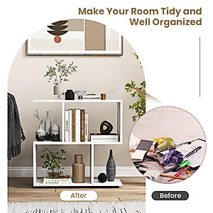 Tangkula 2 Tier Geometric Bookshelf, Freestanding Wood Display Shelf, Home Office Decor Room Divider S Shaped Open Bookcase, Small Bookshelf for Small Spaces, Living Room, Study (White, 1)