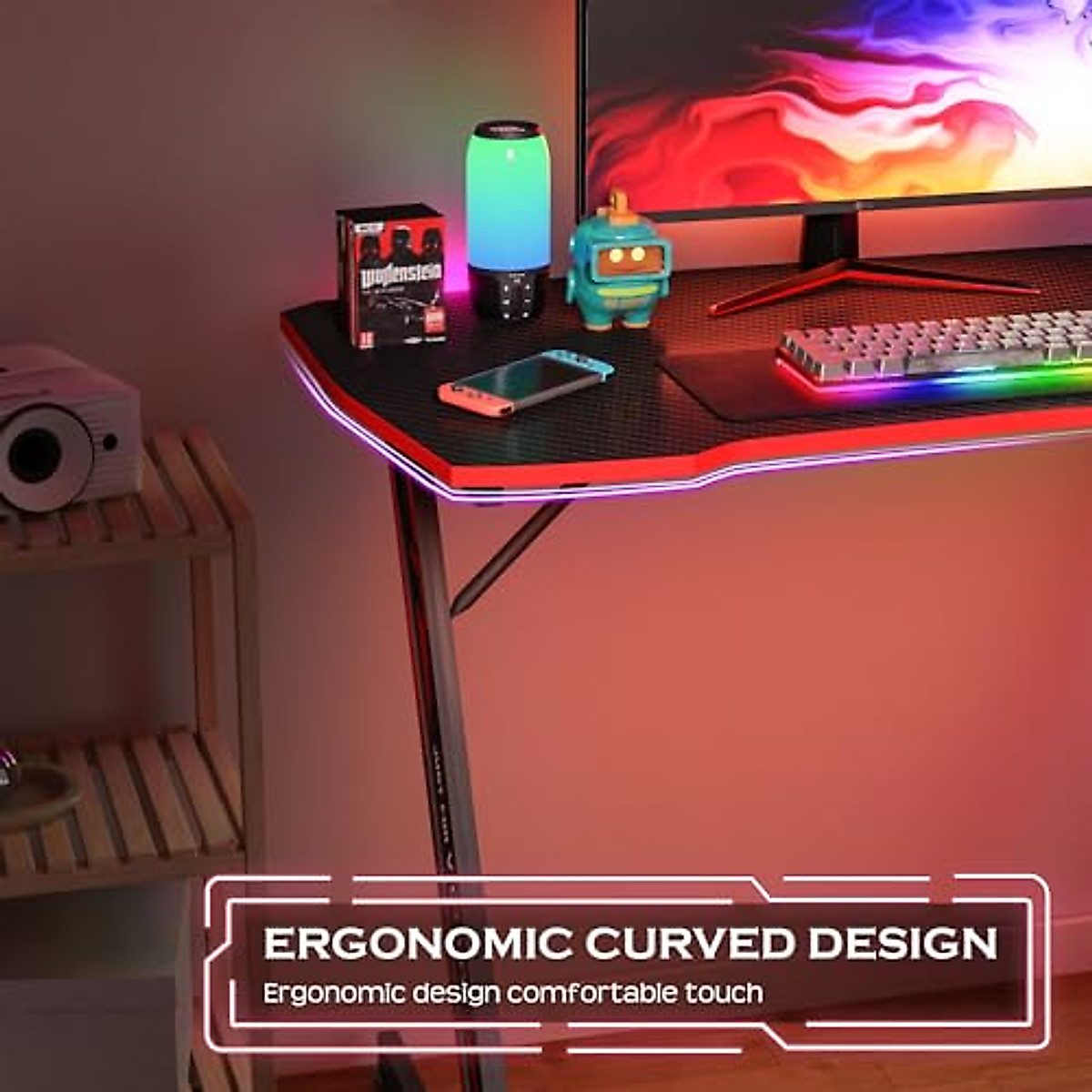 PayLessHere 39 Inch Modern Z-Shaped Computer Desk for Home Office with Headphone Hook - Sturdy Workstation Table with Spacious Desktop,Red