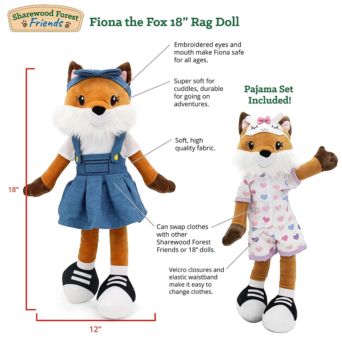 Plushible Soft Baby Doll, 18 Inch Fox - Plush Rag Doll with 2 Clothing Sets, My First Plush Toy for Girls, Boys & Infants, Soft Baby Stuffed Toy, Adorable Companion for 1 Year Old & Up