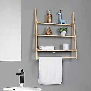 Bloddream Carson 3-Tier Storage Display Shelf, Leaning Solid Wood Storage Rack, Floating Shelf with Towel Bar for Bathroom, Natural Pine Wood
