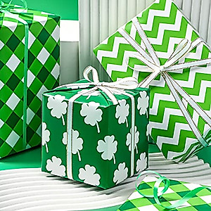 Packanewly Wrapping Paper Roll for St. Patrick Day - 17 inch x 120 inch (3-Pack, 42.3 sq.ft.ttl.) Mini Roll - Green Color Design with Geometry, Four-leaf Clovers，Wave