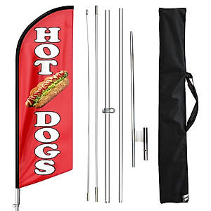 Hot Dogs Swooper Flag, Hot Dogs Feather Flags and Pole, Hot Dog Food Restaurant Advertising Swooper Flag Pole Kit with Ground Stake, Advertising Feather Banner Sign for Hot Dogs Business 11Ft (Red)