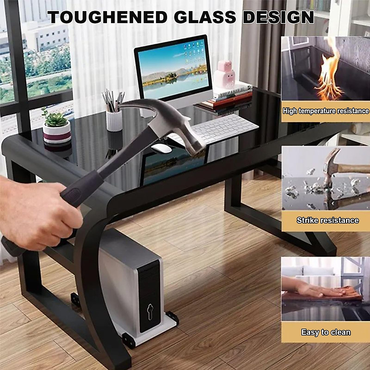 TopJia Tempered Glass Computer Desk, Large Office Desk with Storage Shelves, Modern Simple Gaming Table with Metal Frame, Writing Study Desk for Home Office Workstation(80cm/31inch, C), 1750318