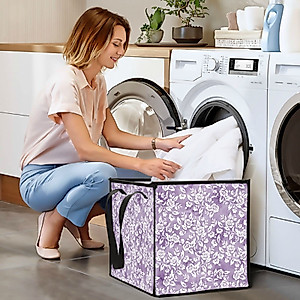 XIOMARA Foldable Storage Bins,Purple Pattern White Flowers Storage Baskets Cubes with Handles for Closet Nursery Office Grey and Black Trim (10.63x10.63x10.63in)
