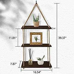 Iwaiting Outdoor Hanging Shelves for Wall, 3 Tier Antique Wood Floating Hanging Shelf with Handmade Twine Weaving Process, Suitable for Bedroom Living Room Bathroom Hanging Window Plant Shelves Decor