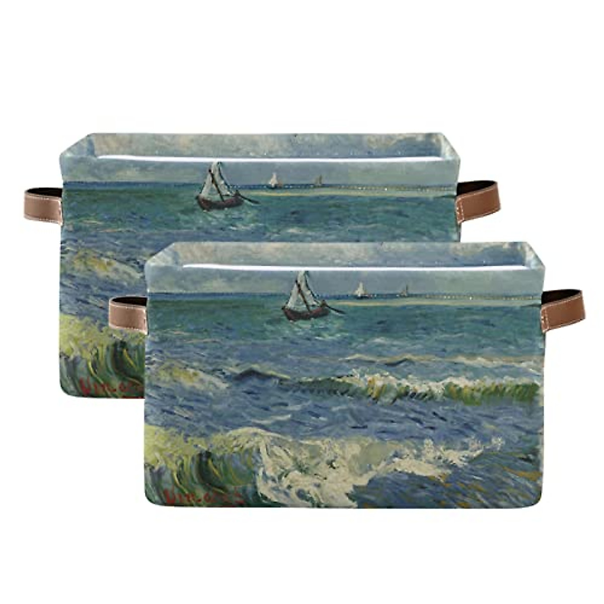 xigua 1PCS Storage Basket Van Gogh Sailboat Collapsible Organizer with Handle, Large Storage Bins for Bedroom, Living Room, Closet, Shelves