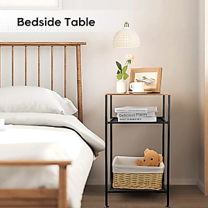 XASERDY 3-Tier Tall End Table,Slim Nightstands,Bedside Table with Storage Shelf,Sofa Side Tables for Small Space,for Living Room, Bedroom,Couch,Metal Frame