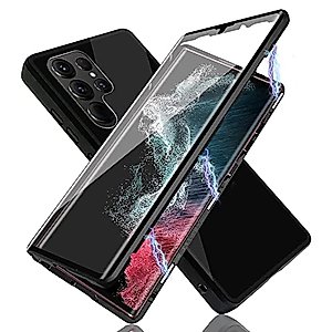 Magnetic Case for Samsung Galaxy S22 Ultra, Double Sided Clear Tempered Glass Phone Case [Super Magnetic Adsorption], 360 Full Protective Support Wireless Charger Case for Galaxy S22 Ultra 5G 6.8''