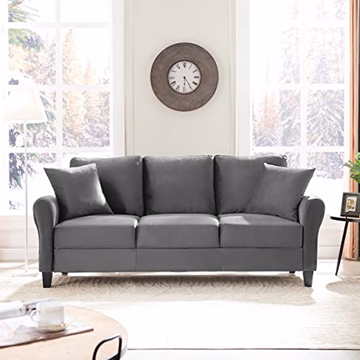 PEIHONGET 78.35" Mid-Century Modern Living Room Sofa 3 Seater Velvet Sofa Couch with 2 Pillows Armrest and Wood Legs for Bedroom, Apartment, Dorm, Office (Gray)