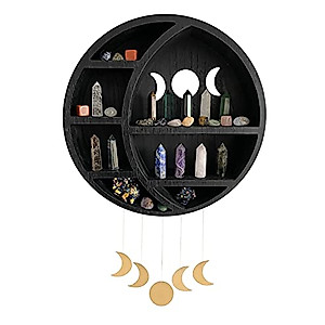 Ella & Emma Wooden Moon Shelf for Crystals - Crescent Moon Crystal Shelf, Crystal Storage & Wall Hanging Shelves for Bedroom Aesthetic, Moon Phase Wall Decor & Crystal Display Shelf, Pinewood, Black