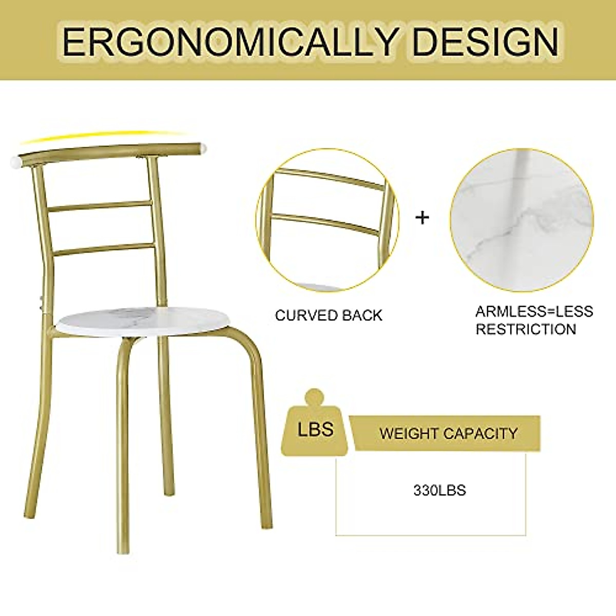 VECELO 3 Piece Small Round Dining Table Set for Kitchen Breakfast Nook, Wood Grain Tabletop with Wine Storage Rack, Save Space, 31.5", White & Gold