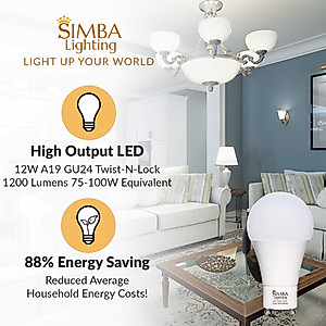 Simba Lighting LED GU24 A19 Light Bulb 12W 75W to 100W Replacement (4 Pack) 120V 2 Prong Twist and Lock Base for Ceiling Lights, Pendants, Outdoor Lanterns, Floor Lamps, Non-Dimmable, 5000K Daylight