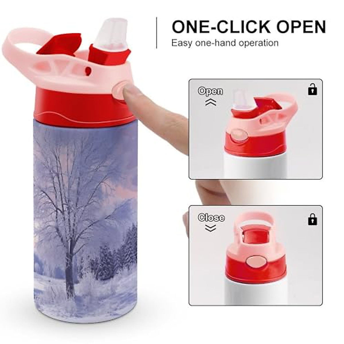 Stainless Steel Water Bottles Winter Landscape Travel Water Cups with Handle And Silicone Straw Drinking Cup with Leak Proof Lid Thermo Travel Mug for Women Men