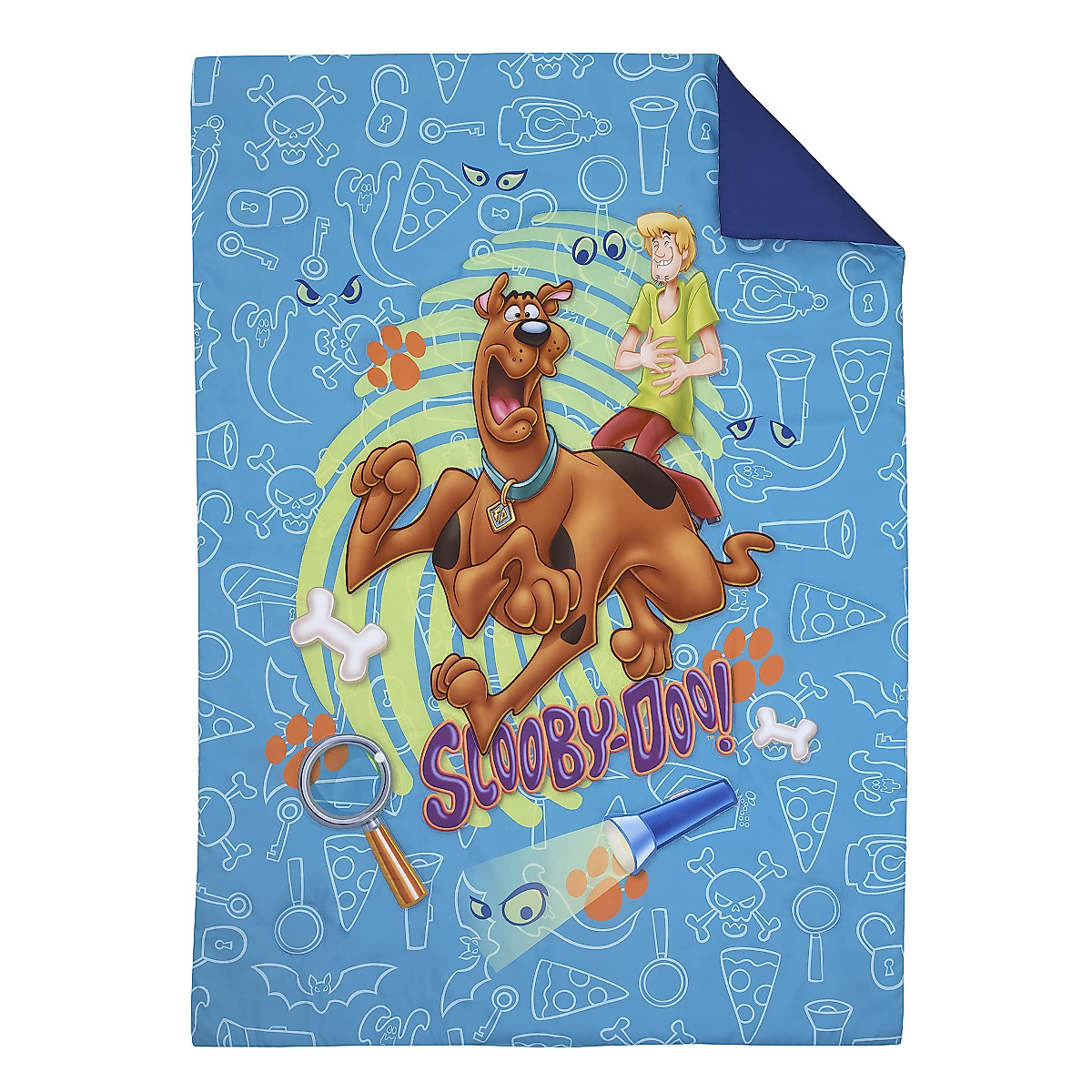 Warner Brothers Scooby Doo - Scooby Dooby Doo Blue, Green, Brown & Orange 4Piece Toddler Bed Set - Comforter, Fitted Bottom Sheet, Flat Top Sheet, & Reversible Pillowcase, Blue, Green, Brown, Orange