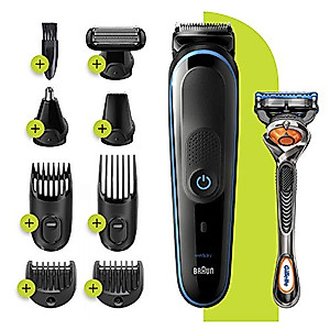 Braun Hair Clippers for Men 9-in-1 Beard, Ear and Nose Trimmer, Mens Grooming Kit, Body Groomer, Cordless & Rechargeable with Gillette ProGlide Razor, Black/Blue