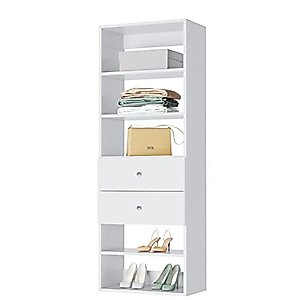 Closet Shelves Tower - Modular Closet System with Drawers (2) - Corner Closet System - Closet Organizers and Storage Shelves (White, 19.5 inches Wide) Closet Shelving