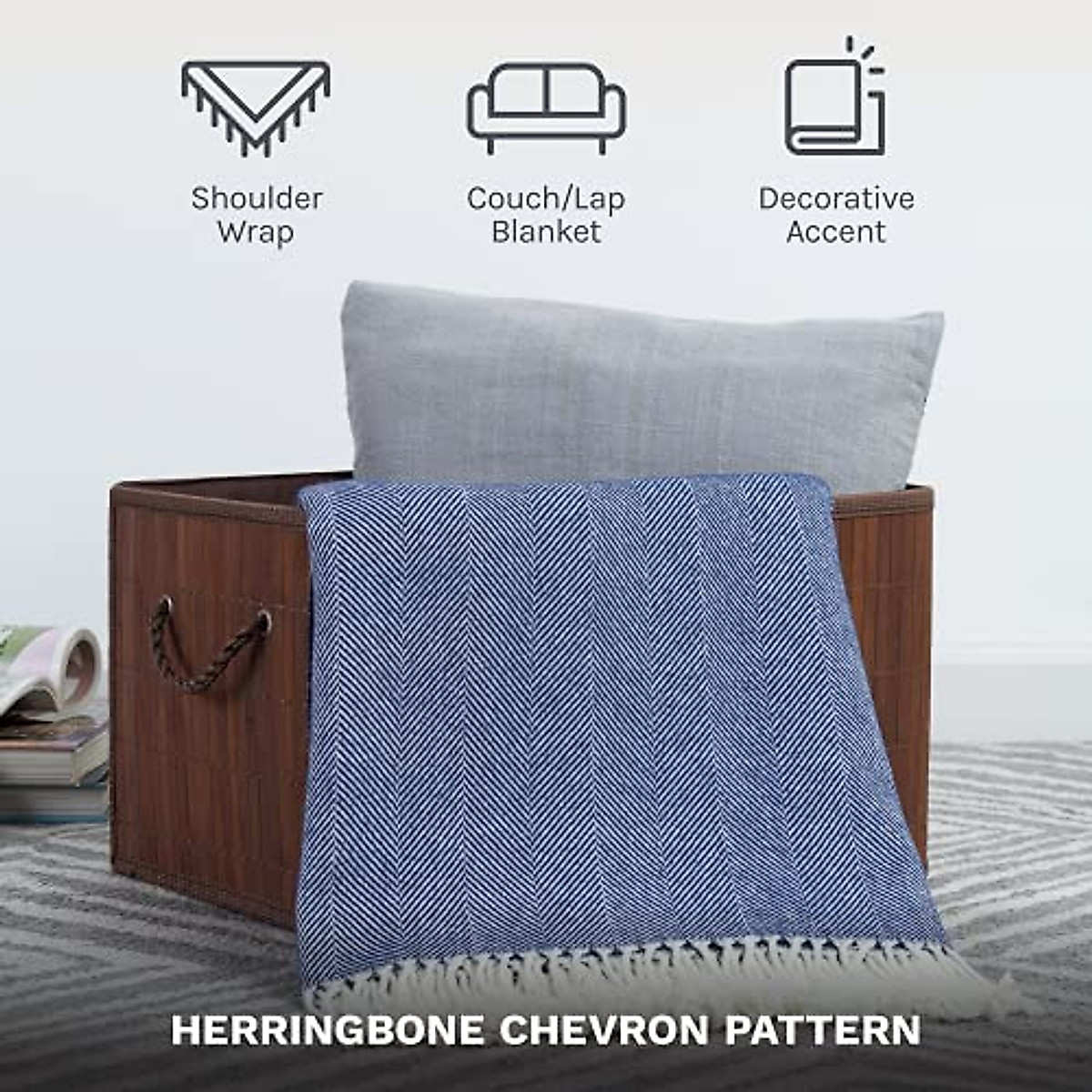 Herringbone Blanket - Chevron Pattern - Turkish Boho Chic - Soft Woven Throw Blanket with Decorative Fringe - Lightweight for Bed, Sofa, Chair, Office, Outdoor - 50 x 60 in. (Navy Blue)