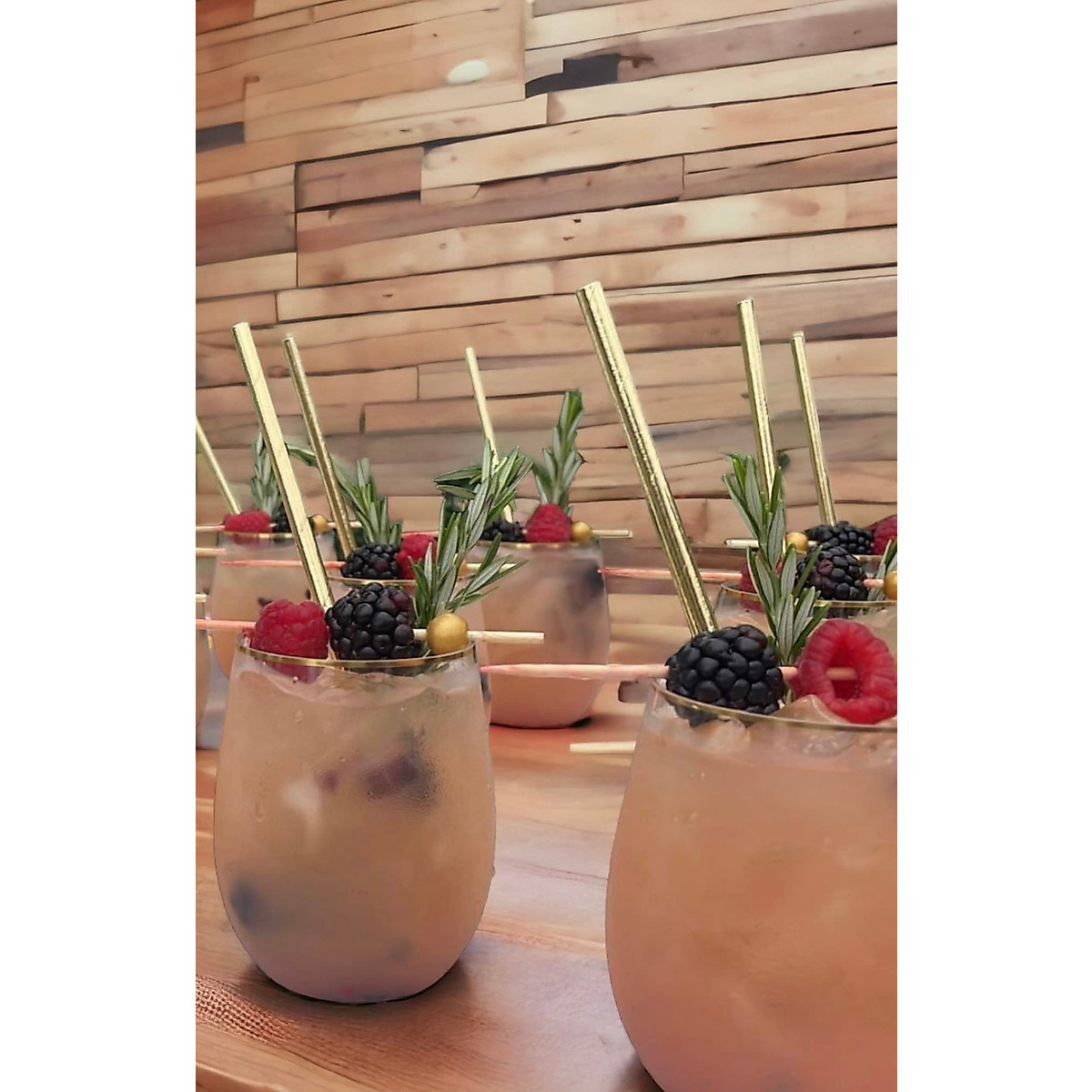 24 piece Stemless Disposable Unbreakable Crystal Clear Plastic Wine Glasses Set of 24 (10 Ounces - Gold Rim)