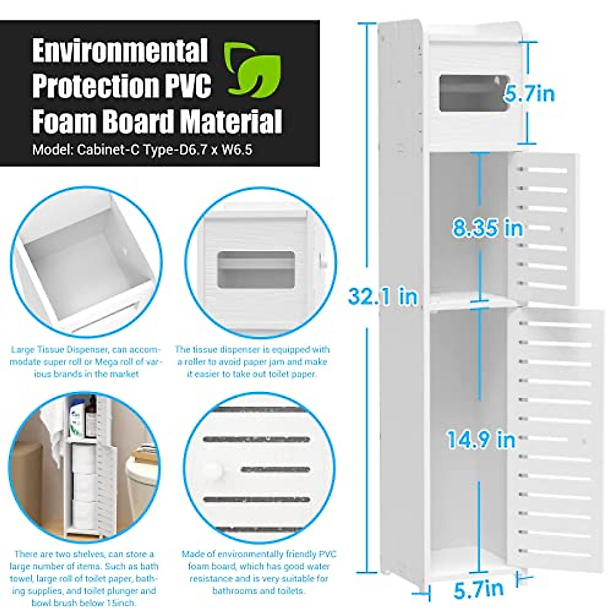 Bathroom Storage Cabinet for Small Space with Doors and Shelves, 4-Tiers Narrow Bathroom Cabinet,Waterproof Toilet Paper Storage Organizer with Toilet Paper Roller,Accommodate Mega Rolls(White)