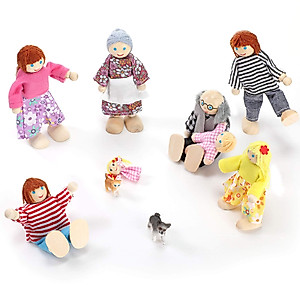 Skylety 10 Pcs Wooden Dollhouse Family Set of 8 Mini People Figures and 2 Pets, Dollhouse Dolls Wooden Doll Family Pretend Play Figures Accessories for Pretend Dollhouse Toy (Classic Style)