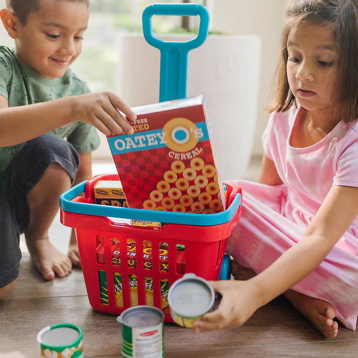 Melissa & Doug Fill and Roll Grocery Basket Play Set With Play Food Boxes and Cans (11 pcs), Frustration-Free Packaging)