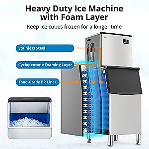 ACONEE Commercial Ice Maker Machine, 350lbs/24H Stainless Steel Under Counter ice Machine with 220lbs Ice Storage Capacity, Freestanding Ice Maker, High Efficiency