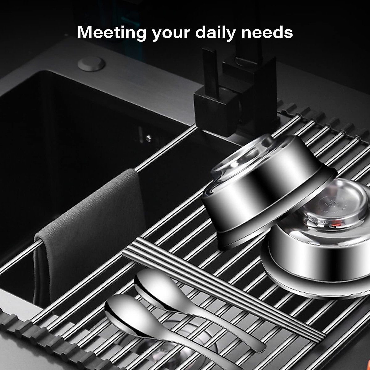 OHOH Expandable Roll Up Dish Drying Rack Fit Most Sink, Adjustable 10.8" -19.7", Sink Topper Foldable Multipurpose Heat Resistant Over The Sink Kitchen Draining Rack for Cups Bottle Fruits Vegetables