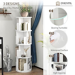 oneinmil 360° Rotating Bookshelf, Small Corner Bookcase with Small Footprint, 4 Tier Standing Bookcase for Kids&Adults, Wood Bookshelf Designed for Living Room, White